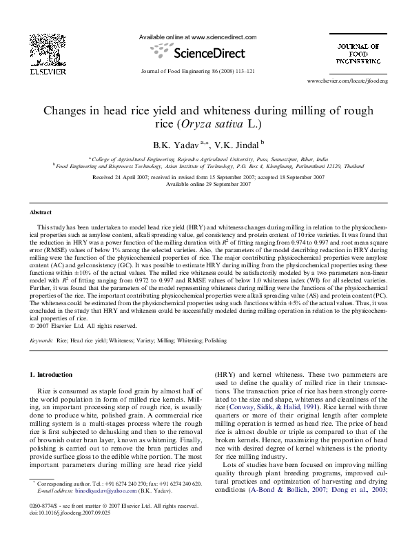 (PDF) Changes in head rice yield and whiteness during milling of rough ...