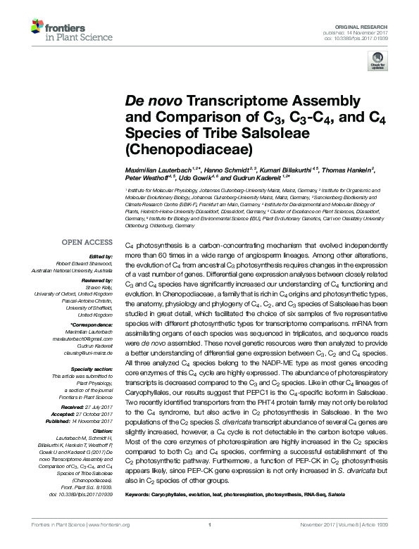 (PDF) De novo Transcriptome Assembly and Comparison of C3, C3-C4, and ...
