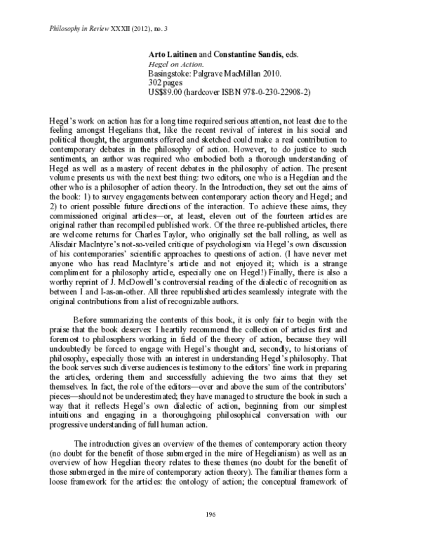 (PDF) Arto Laitinen and Constantine Sandis, eds., Hegel on Action ...