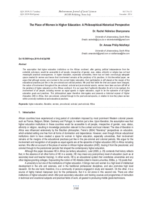 (PDF) The Place of Women in Higher Education: A Philosophical ...