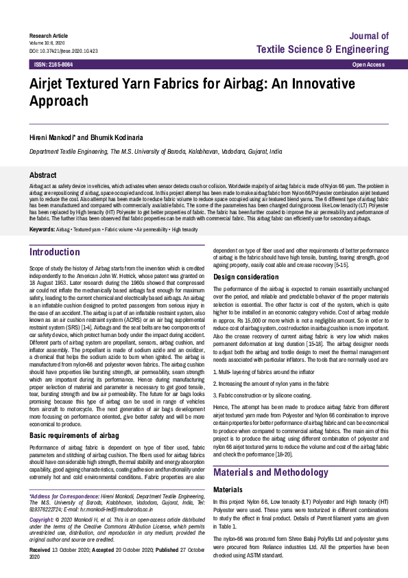 (PDF) Airjet Textured Yarn Fabrics for Airbag: An Innovative Approach