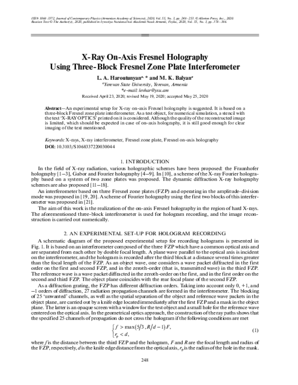 (PDF) X-Ray On-Axis Fresnel Holography Using Three-Block Fresnel Zone Plate Interferometer
