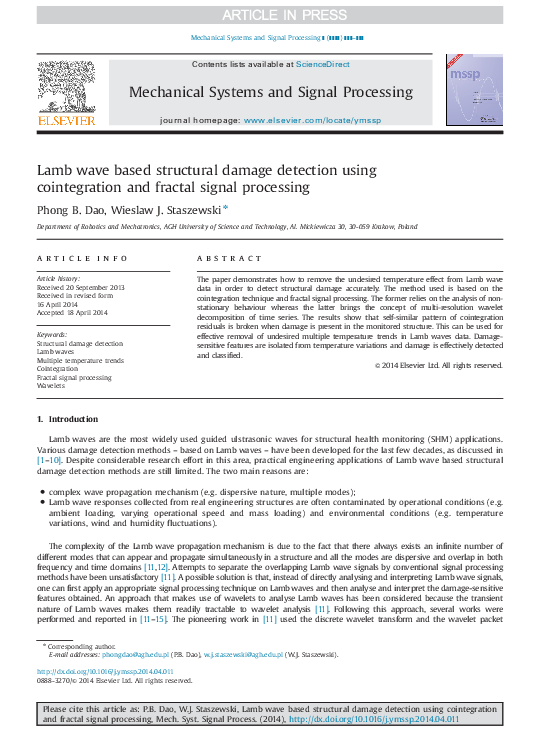 (PDF) Lamb wave based structural damage detection using cointegration and fractal signal processing