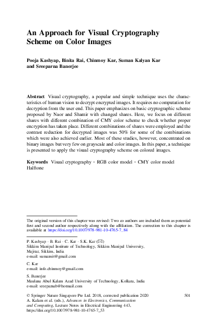 (PDF) An Approach for Visual Cryptography Scheme on Color Images