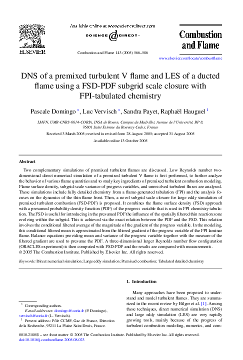 (PDF) DNS of a premixed turbulent V flame and LES of a ducted flame using a FSD-PDF subgrid ...
