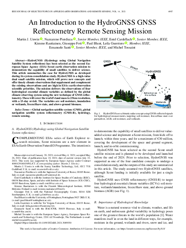 (PDF) An Introduction to the HydroGNSS GNSS Reflectometry Remote Sensing Mission | Nazzareno ...