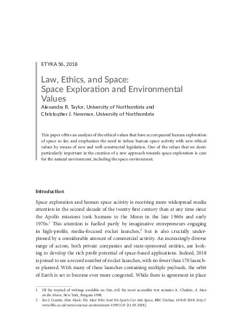 (PDF) Law, Ethics, and Space: Space Exploration and Environmental Values