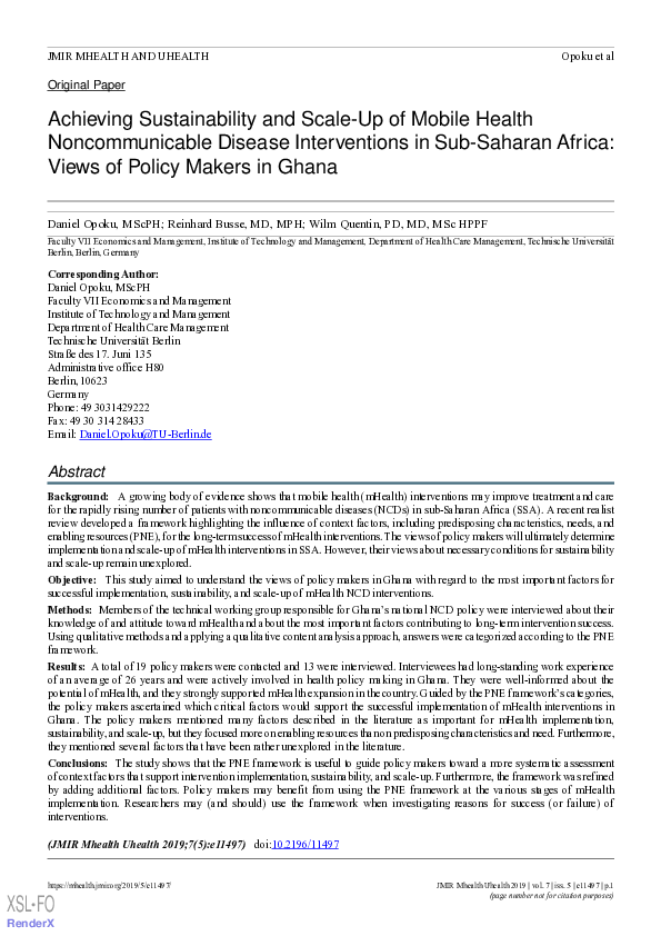Pdf Achieving Sustainability And Scale Up Of Mobile Health