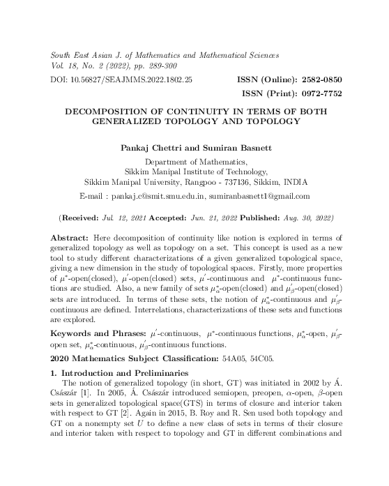 (PDF) Decomposition of Continuity in Terms of Both Generalized Topology and Topology