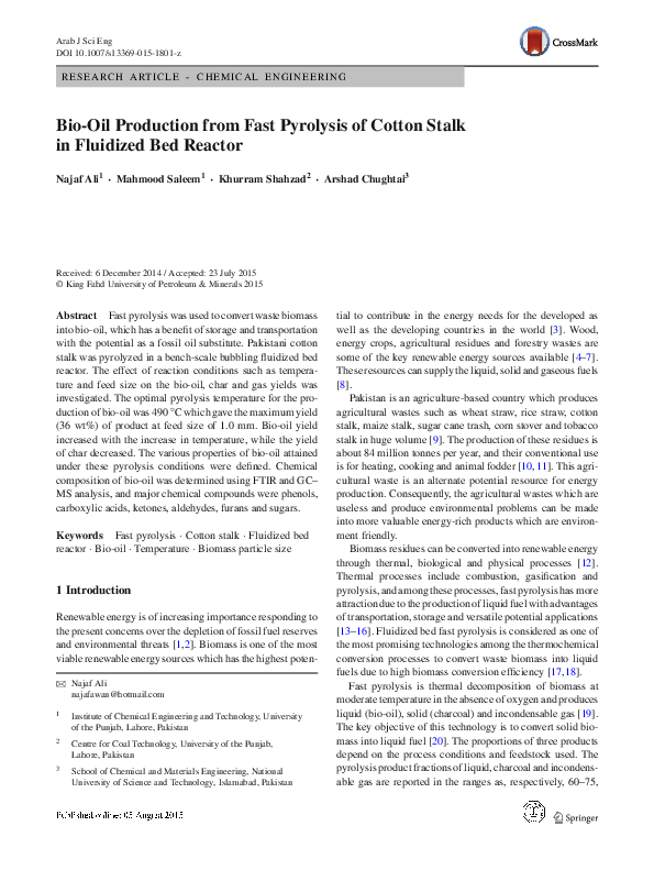 (PDF) Bio-Oil Production from Fast Pyrolysis of Cotton Stalk in ...
