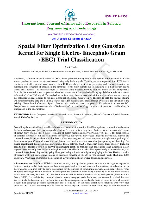 (PDF) Spatial Filter Optimization Using Gaussian Kernel for Single Electro- Encephalo Gram (EEG ...