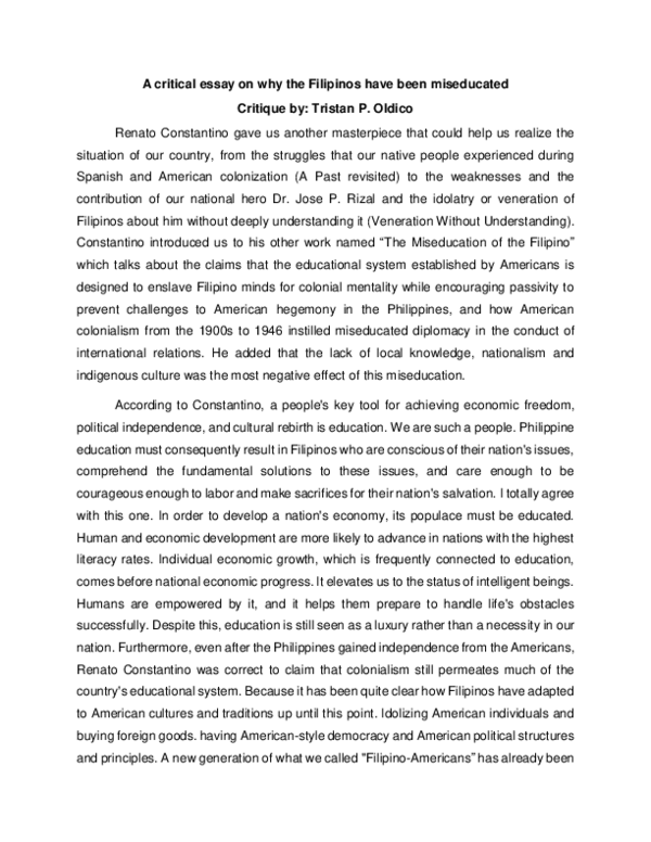 (PDF) A critical essay on why the Filipinos have been miseducated Critique by: Tristan P. Oldico
