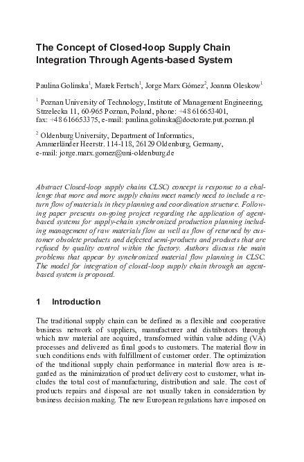(PDF) The Concept of Closed-loop Supply Chain Integration Through Agents-based System | Paulina ...