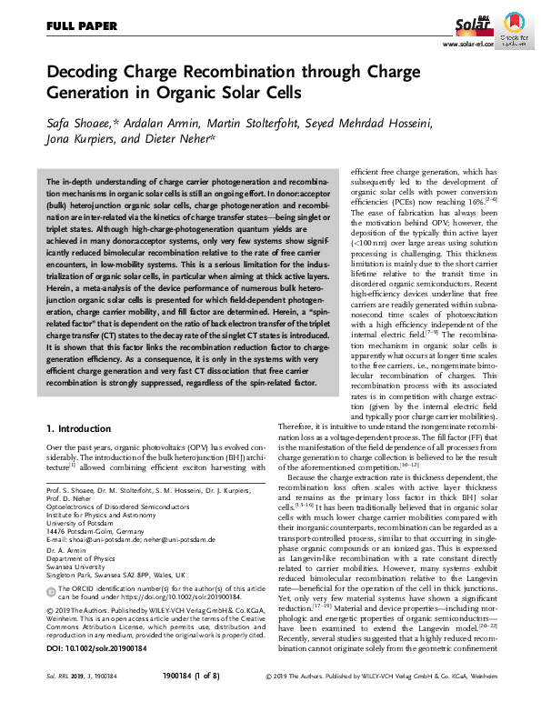 (PDF) Decoding Charge Recombination through Charge Generation in ...