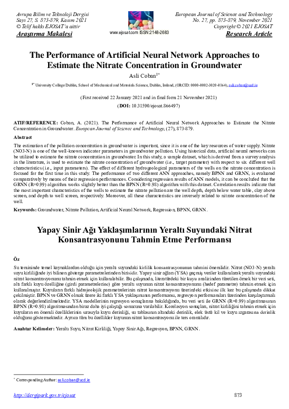 Pdf The Performance Of Artificial Neural Network Approaches To Estimate The Nitrate 