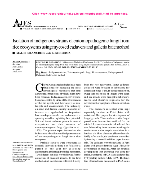 (PDF) Isolation of indigenous strains of entomopathogenic fungi from rice ecosystems using ...