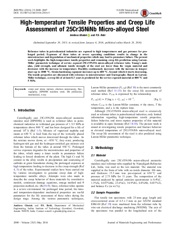 (PDF) High-temperature Tensile Properties and Creep Life Assessment of ...