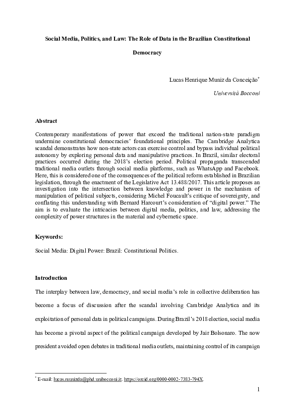 (PDF) Social Media, Politics, and Law: The Role of Data in the Brazilian Constitutional Democracy