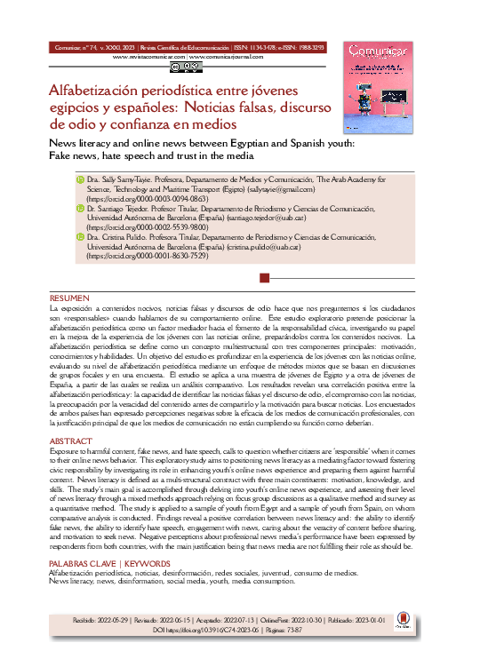 (PDF) News literacy and online news between Egyptian and Spanish youth ...
