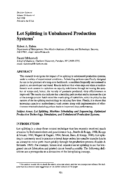 (PDF) Lot Splitting in Unbalanced Production Systems