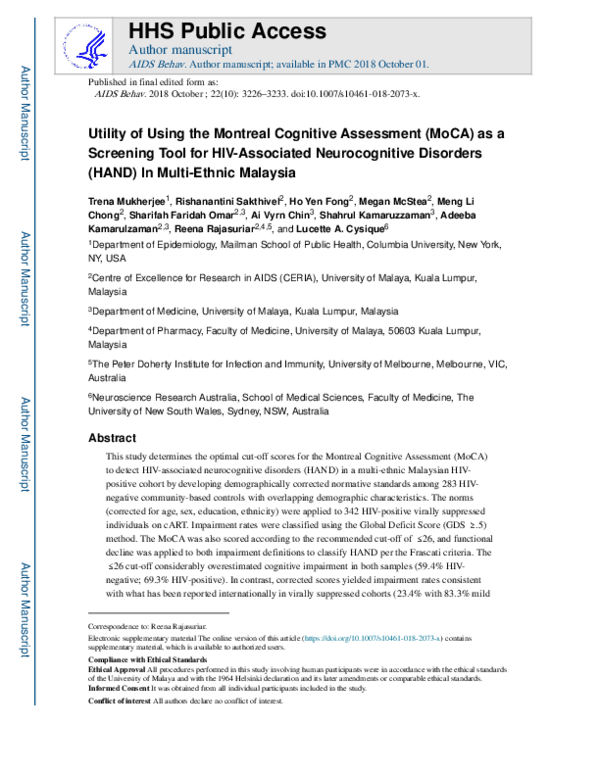 (PDF) Utility of Using the Montreal Cognitive Assessment (MoCA) as a ...