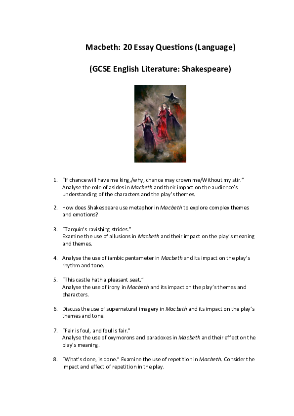(PDF) Shakespeare's Macbeth: 20 Essay Questions
