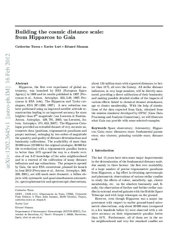 (PDF) Building the cosmic distance scale: from Hipparcos to Gaia ...