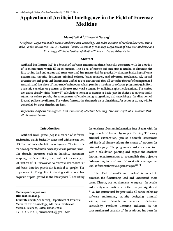 (PDF) Application of Artificial Intelligence in the Field of Forensic Medicine