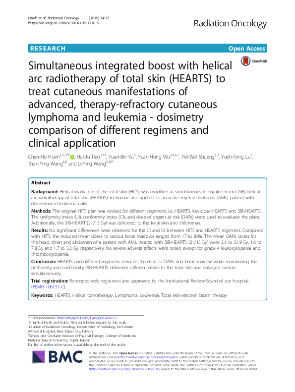 (PDF) Simultaneous integrated boost with helical arc radiotherapy of total skin (HEARTS) to ...