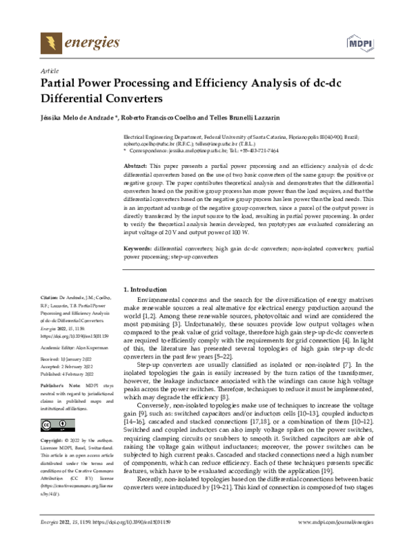 (PDF) Partial Power Processing and Efficiency Analysis of dc-dc Differential Converters