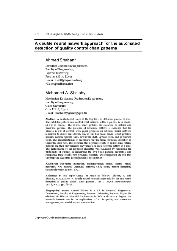 Pdf A Double Neural Network Approach For The Automated Detection Of Quality Control Chart Patterns