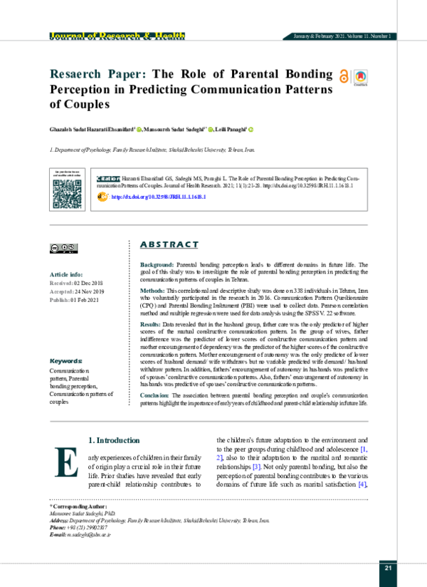 (PDF) The Role of Parental Bonding Perception in Predicting Communication Patterns of Couples