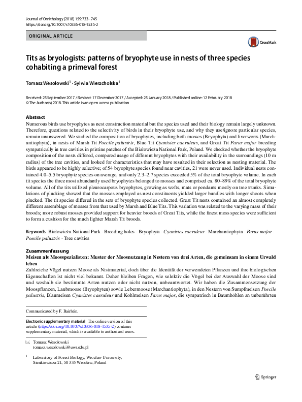 (PDF) Tits as bryologists: patterns of bryophyte use in nests of three ...
