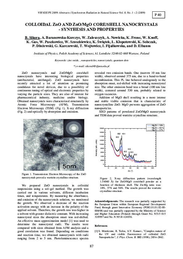 (PDF) Colloidal ZnO and ZnO/MgO core/shell nanocrystals-synthesis and ...