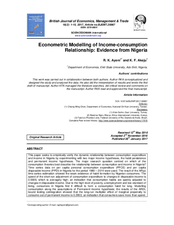(PDF) Econometric Modelling of Income-consumption Relationship ...
