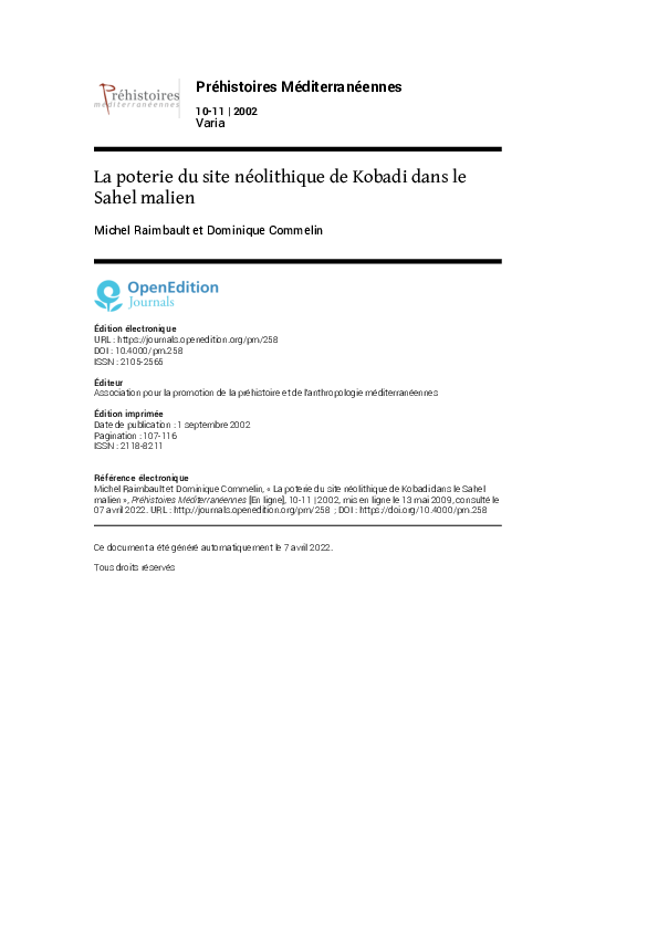 (PDF) La poterie du site néolithique de Kobadi dans le Sahel malien