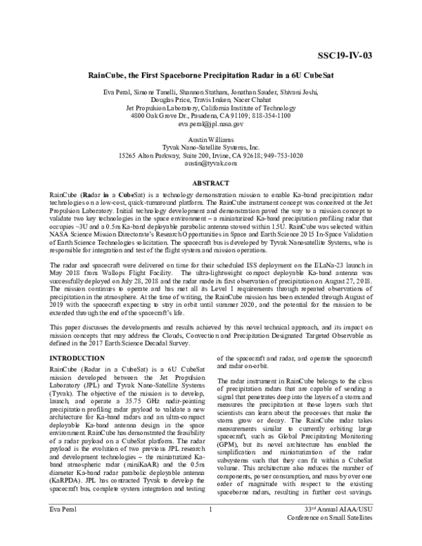 (PDF) RainCube, the First Spaceborne Precipitation Radar in a 6U CubeSat