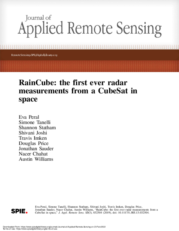 (PDF) RainCube: the first ever radar measurements from a CubeSat in space