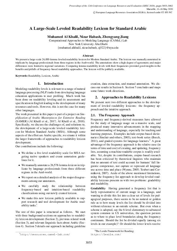(PDF) A Large-Scale Leveled Readability Lexicon for Standard Arabic ...