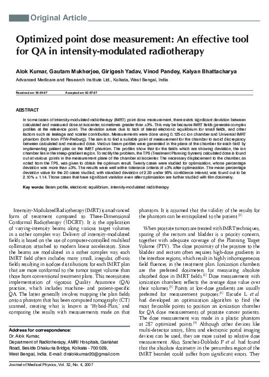 (PDF) Optimized point dose measurement: An effective tool for QA in intensity-modulated radiotherapy