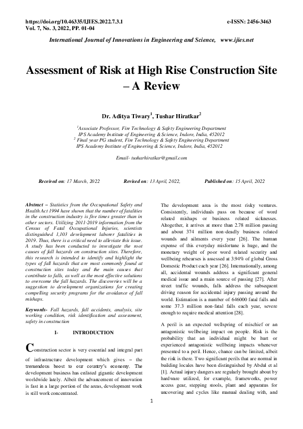 (PDF) Assessment of Risk at High Rise Construction Site – A Review