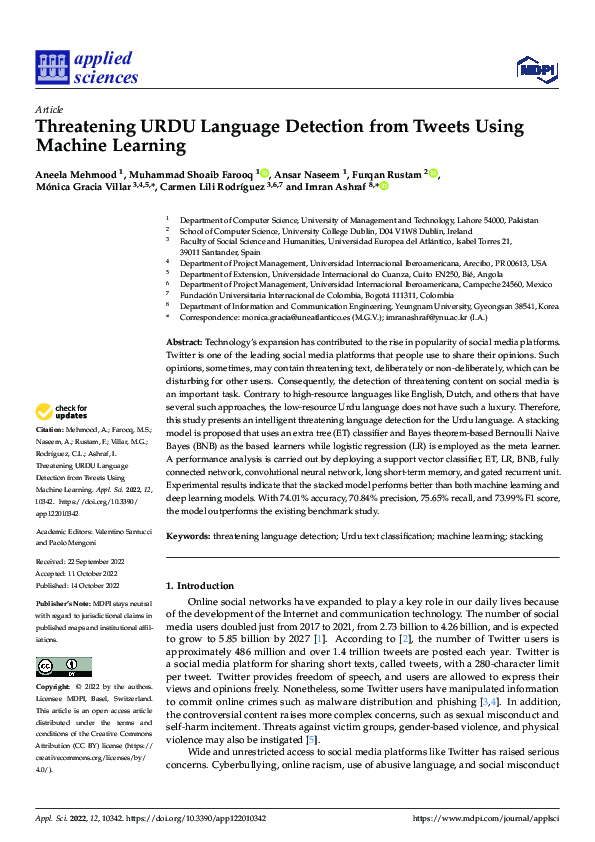 Pdf Threatening Urdu Language Detection From Tweets Using Machine Learning