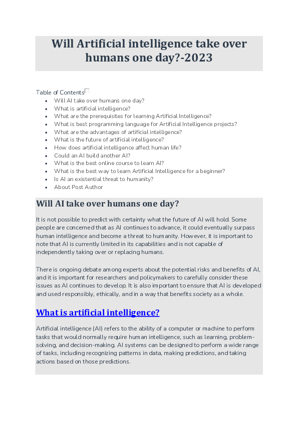 (PDF) Will Artificial intelligence take over humans one day 2023