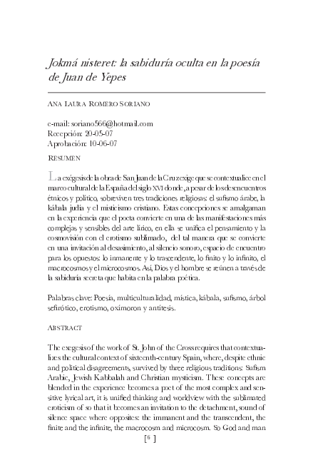 (PDF) Jokmá nisteret: la sabiduría oculta en la poesía de Juan de Yepes