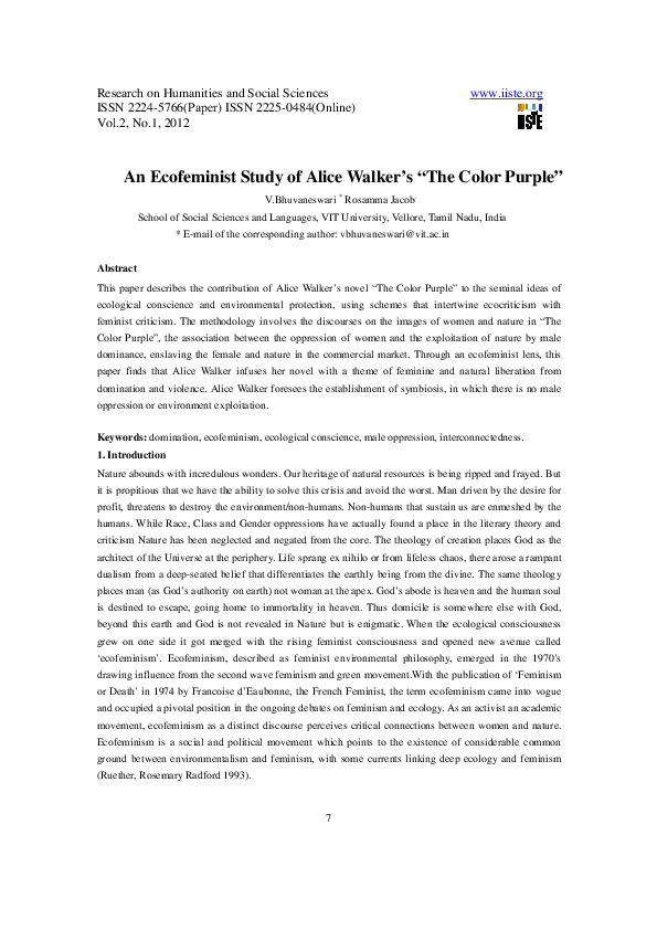 (PDF) An Ecofeminist Study of Alice Walker: The Color Purple