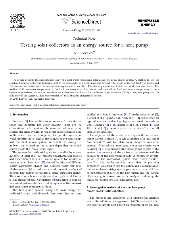 (PDF) Testing solar collectors as an energy source for a heat pump