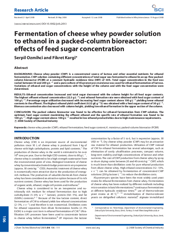 (PDF) Fermentation of cheese whey powder solution to ethanol in a ...