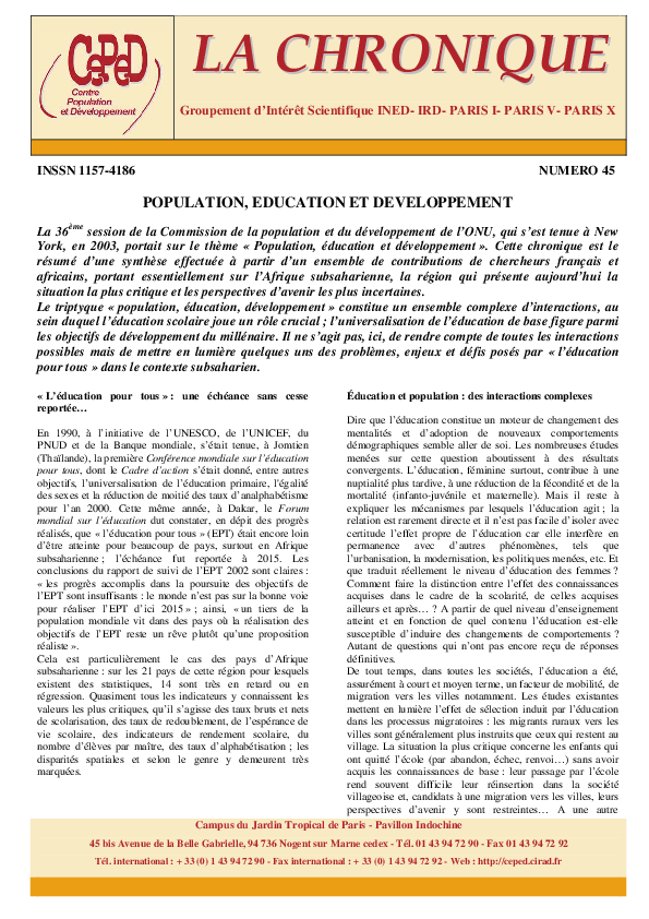 (PDF) Population, éducation et développement