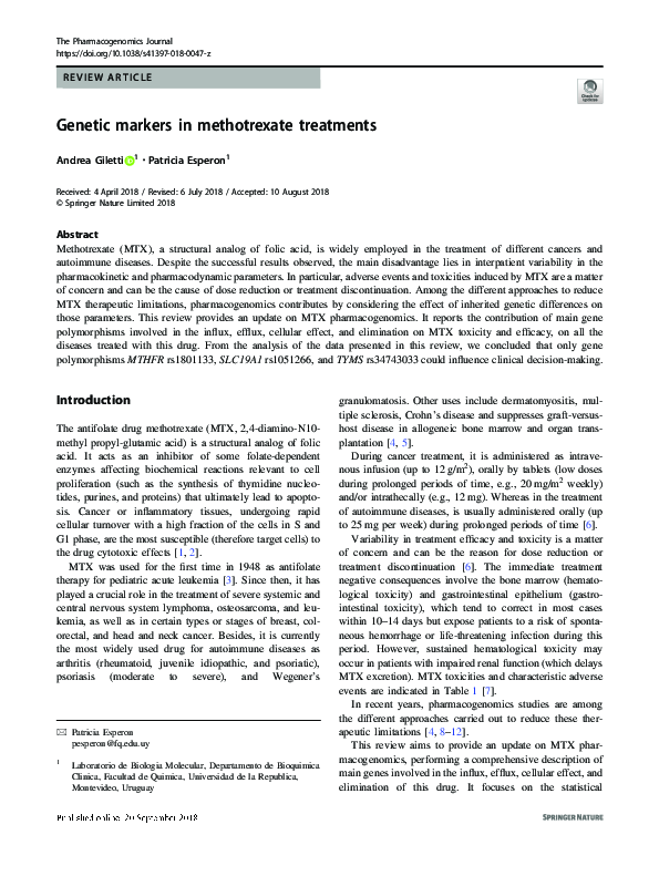 (PDF) Genetic markers in methotrexate treatments