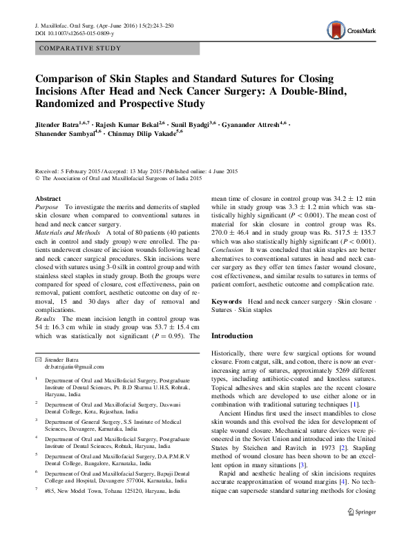 (PDF) Comparison of Skin Staples and Standard Sutures for Closing ...